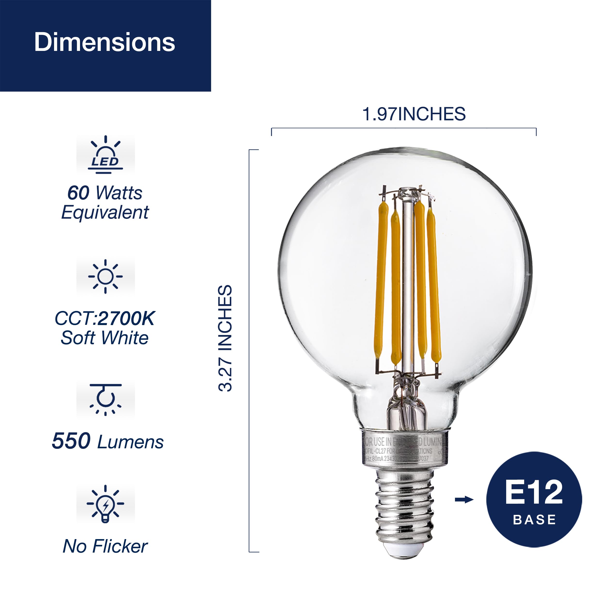 FLSNT 60W Equivalent LED Globe Candelabra Bulbs, Dimmable G16.5 LED E12 ...