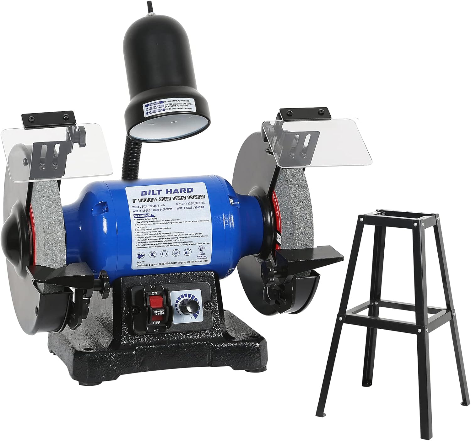 BILT HARD 5-Amp 8-inch Bench Grinder with Stand and, Variable Speed ...
