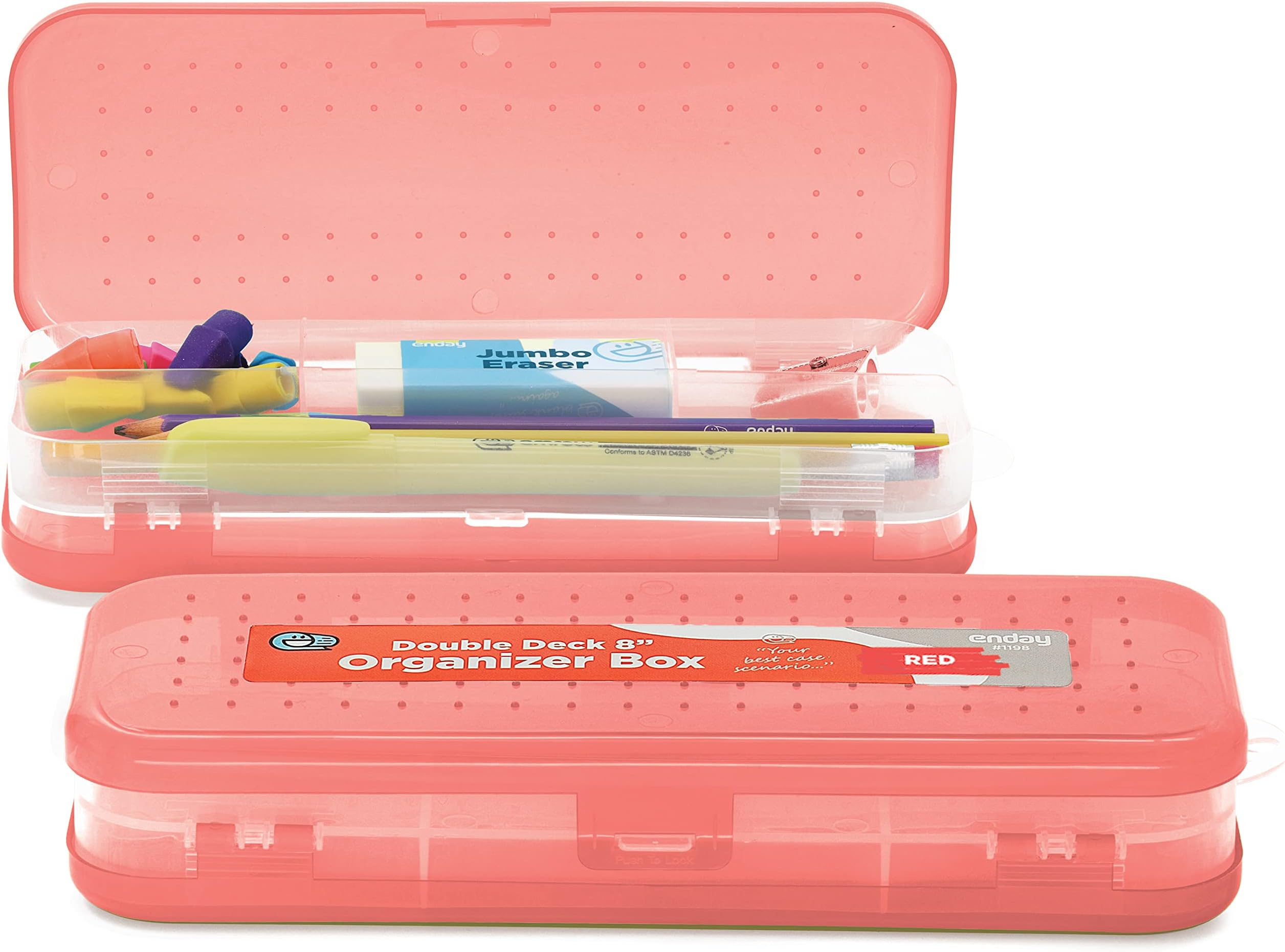 Amazon.com : Enday Pencil Box Red, Plastic Double Deck Pencil Case with ...