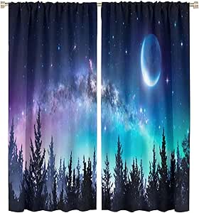 Amazon.com: SENQIAN Night Sky Curtains Moon Stars Foggy Forest Galaxy ...