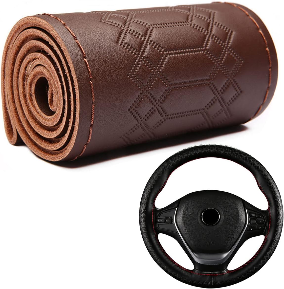 Amazon.com: Onerbuy Universal Leather Car Steering Wheel Stitch On Wrap ...