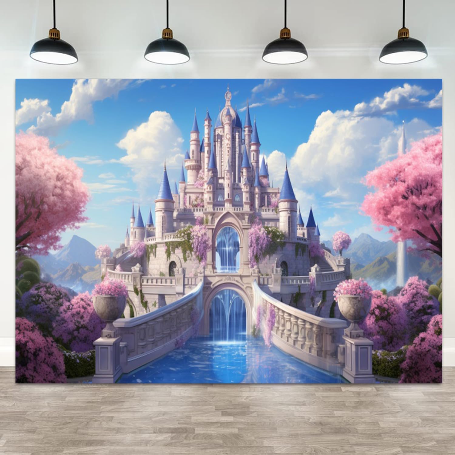 Amazon.com : ASDCXZ 7x5ft Princess Castle Backdrop Pink Floral Blue Sky ...