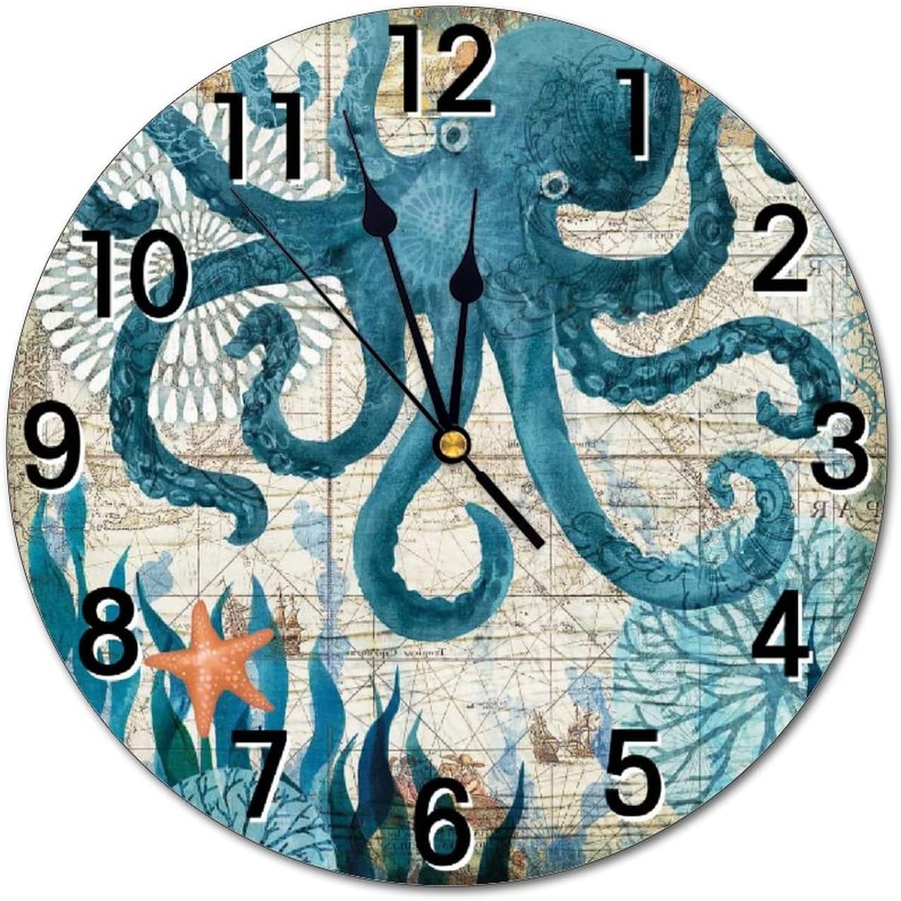 Amazon.com: Abucaky Blue Octopus Nautical Map Wall Clock Battery ...