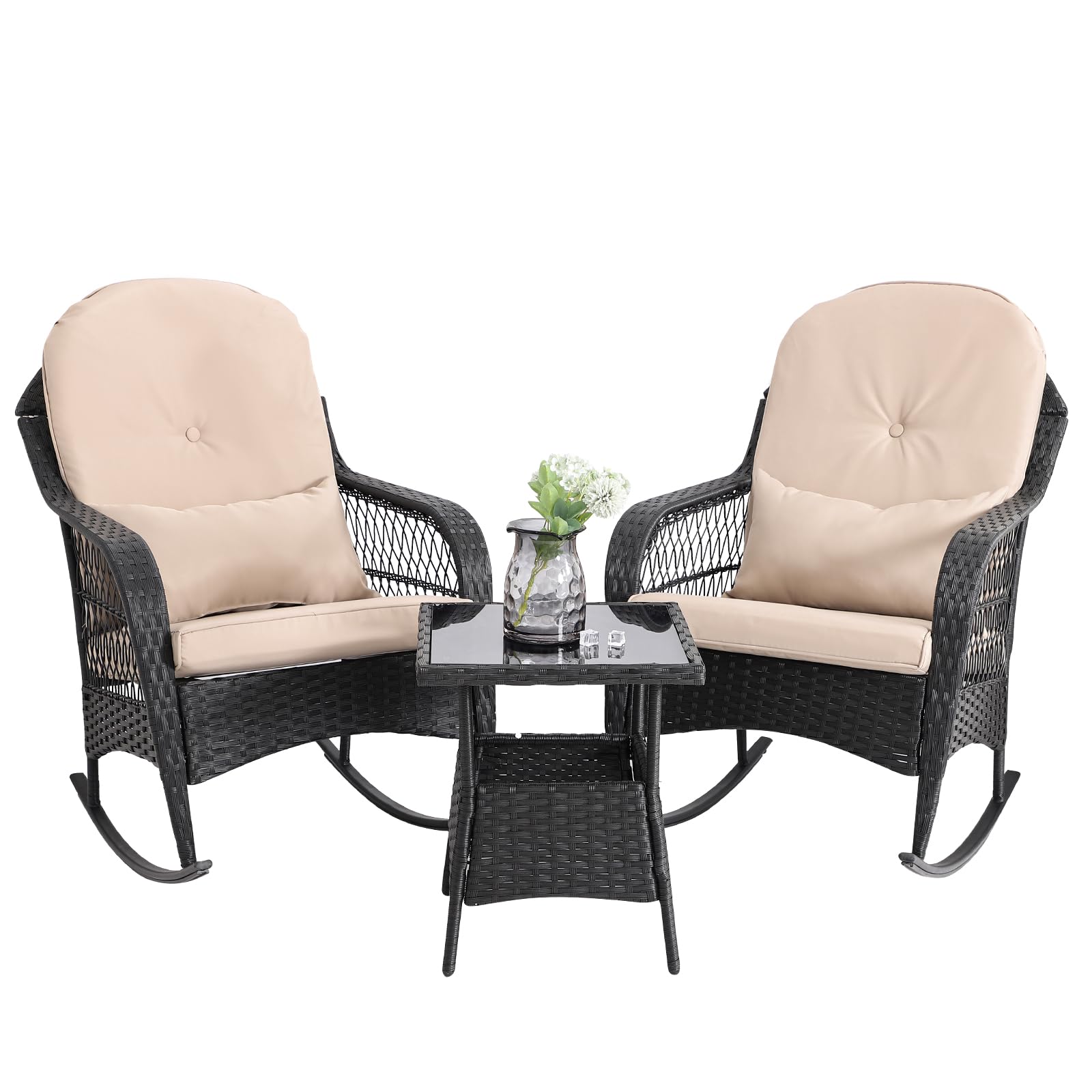 Amazon.com: Outdoor Wicker Rocking Chair Set with Cushion and Tempered ...