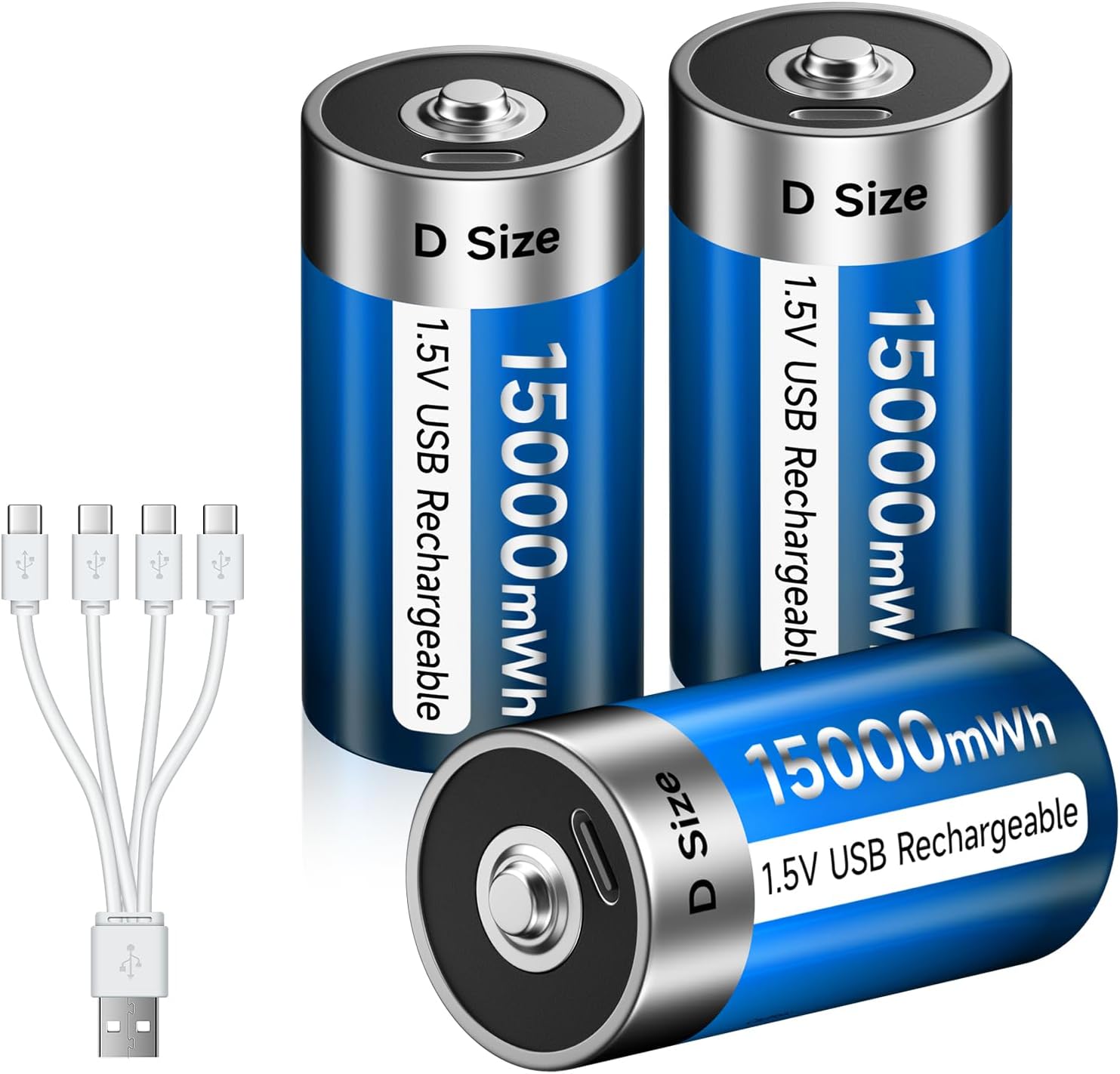 3 Pack USB Rechargeable D Batteries 1.5V 10000mAh High Capacity Lithium ...