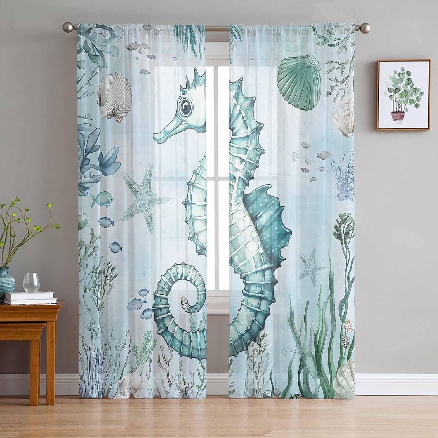 Amazon.com: Rullikatlyi Coastal Seahorse Sheer Curtains 84 Inch Length ...