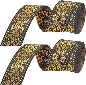 GORGECRAFT 14M x 3.3cm Jacquard Ribbon Metallic Gold Ethnic Embroidered ...