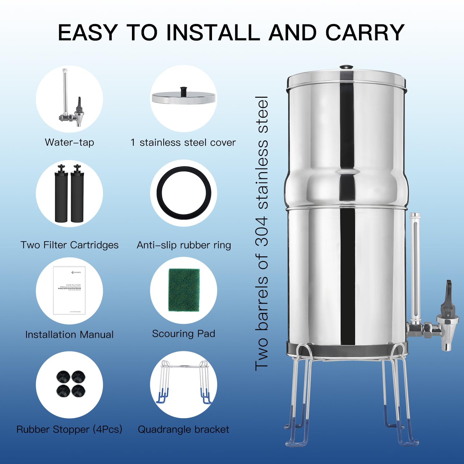 FACHIOO Gravity-Fed Water Filter with 2 Black Filter Elements, NSF/ANSI ...