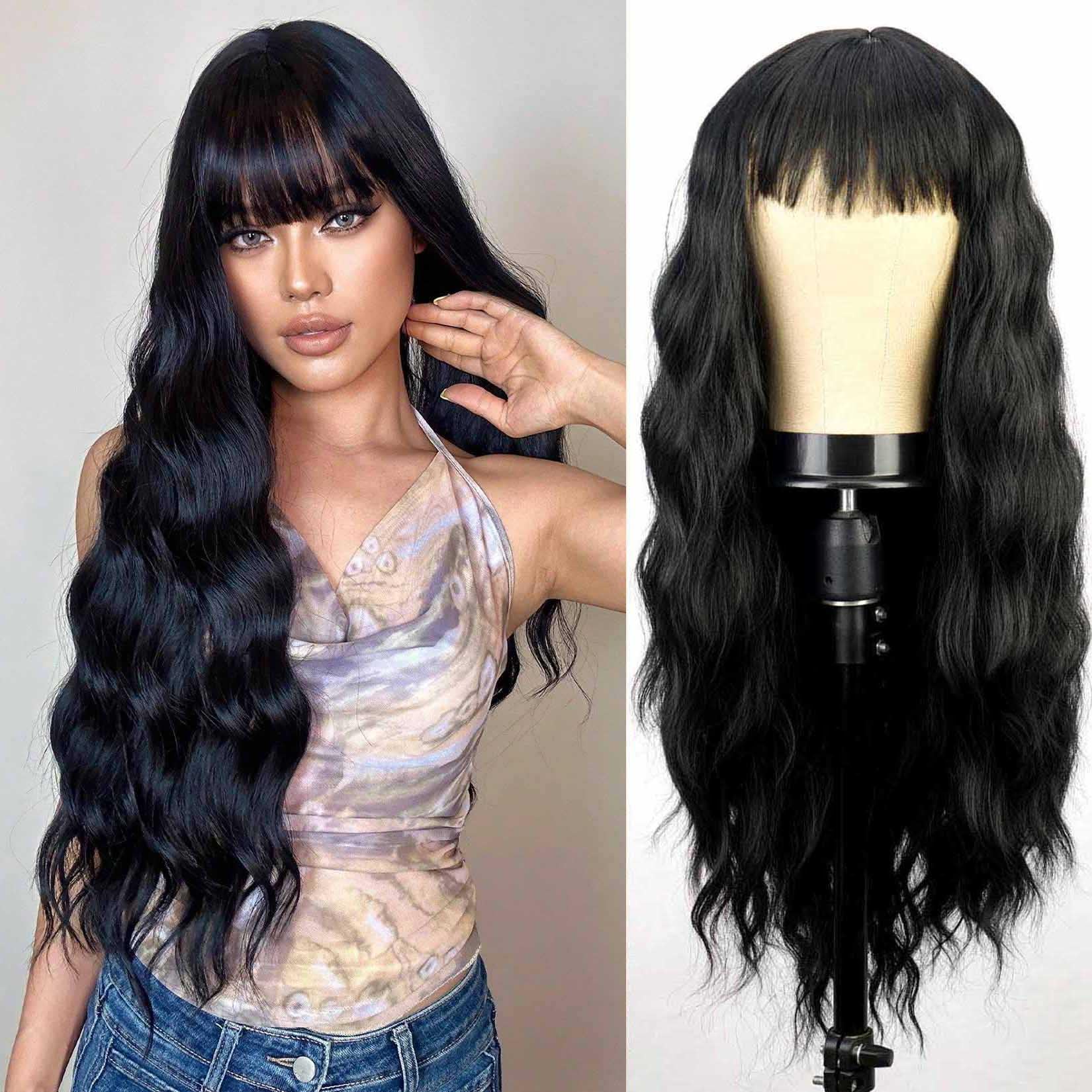 Amazon.com : andromeda Black Wig with Bangs Long Wavy Wigs for Black ...