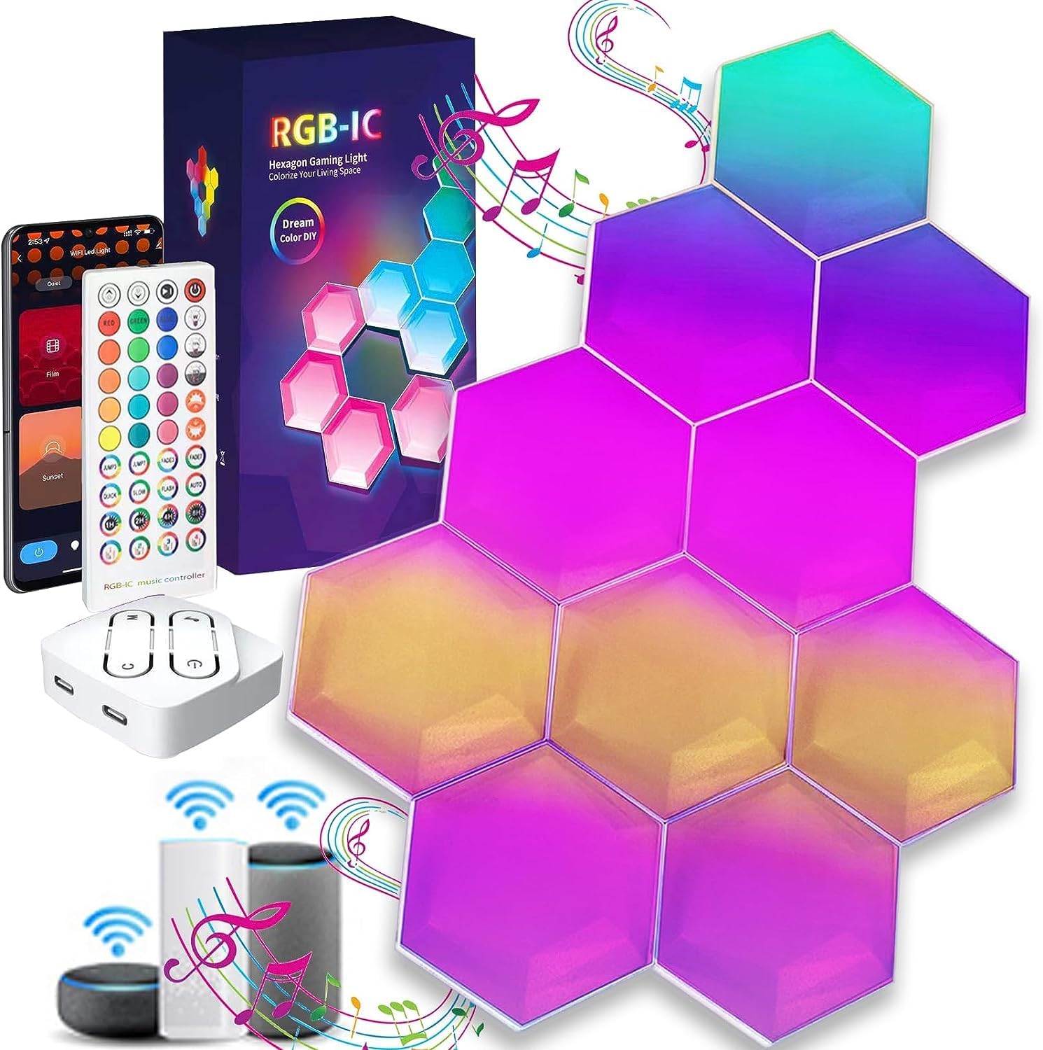 Hexagon LED Smart Wall Lights Panels, RGB hex Gaming Room Light with ...