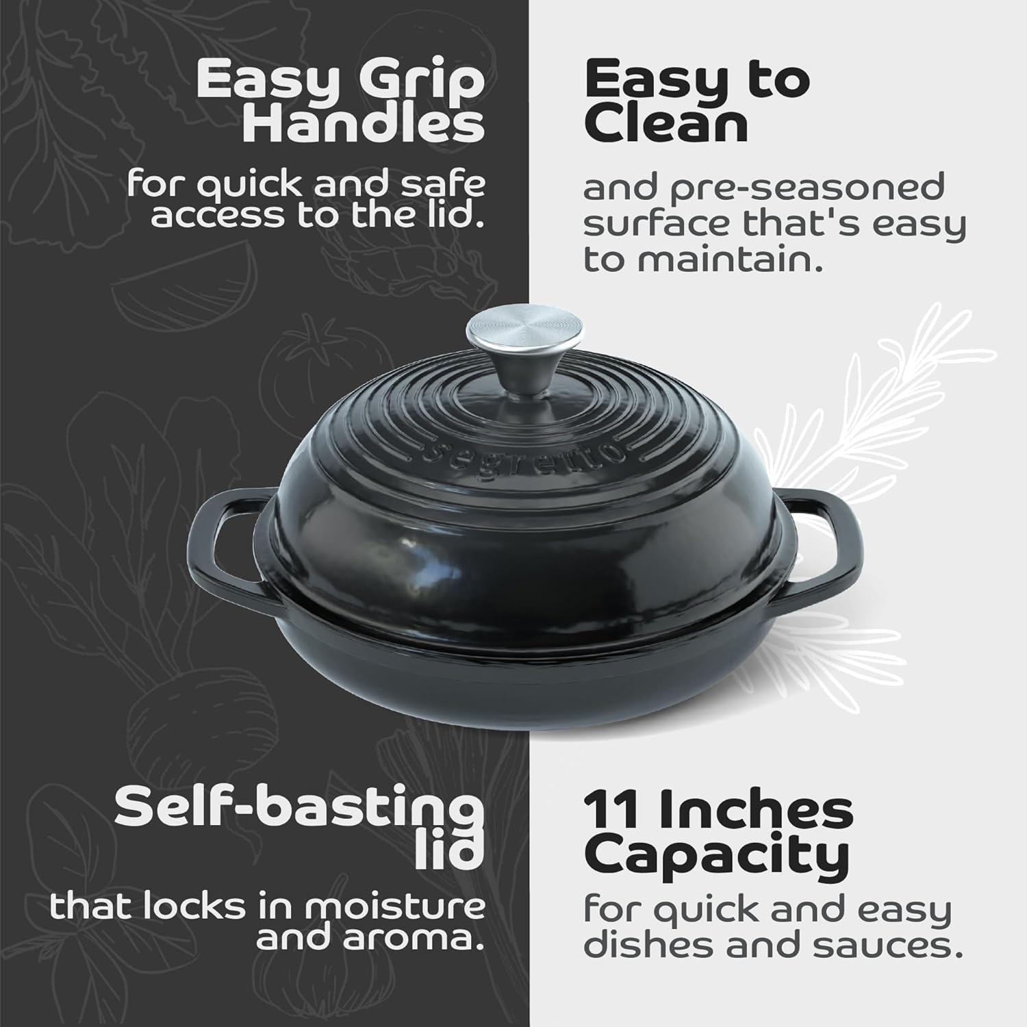 Segretto Cookware Pan de hierro fundido esmaltado con tapa, horno de ...