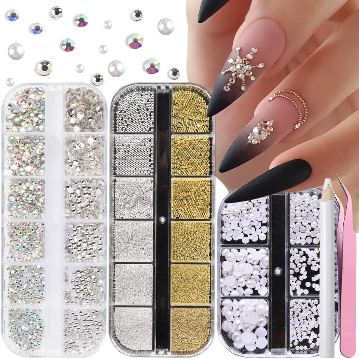 Amazon.com: 3 Boxes Nail Rhinestones Kit, Flatback Nail Gems And ...