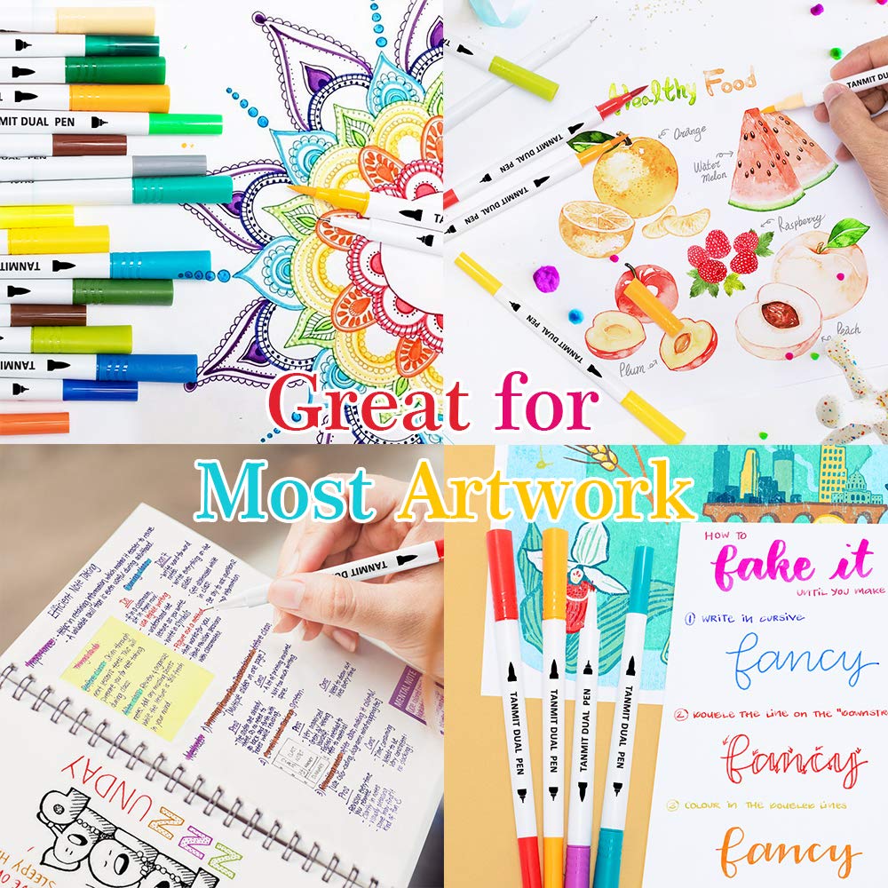 Tanmit Dual Brush Marker Pens for Coloring, Dual Tip Markers Colored ...