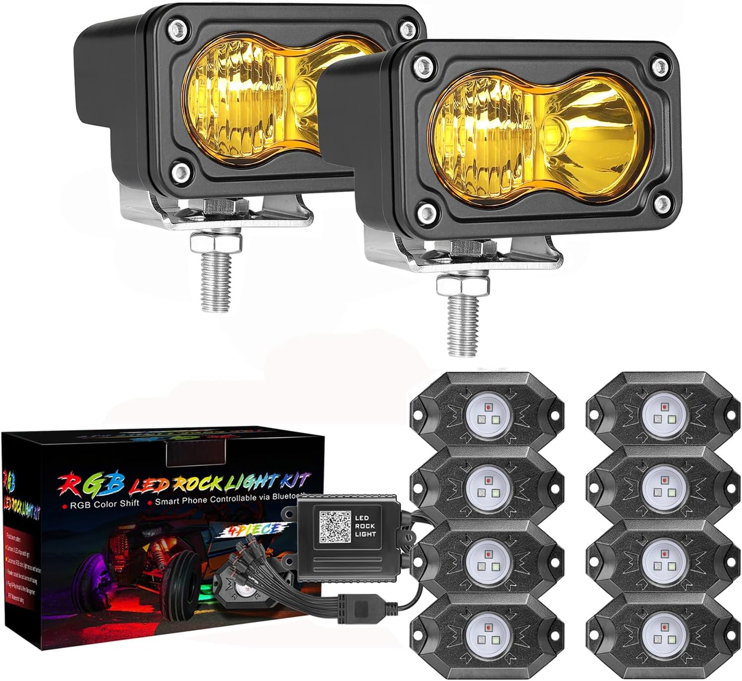 Amazon.com: Auto Power Plus 2Pcs LED Pods Yellow + 8 Pods RGB LED Rock ...