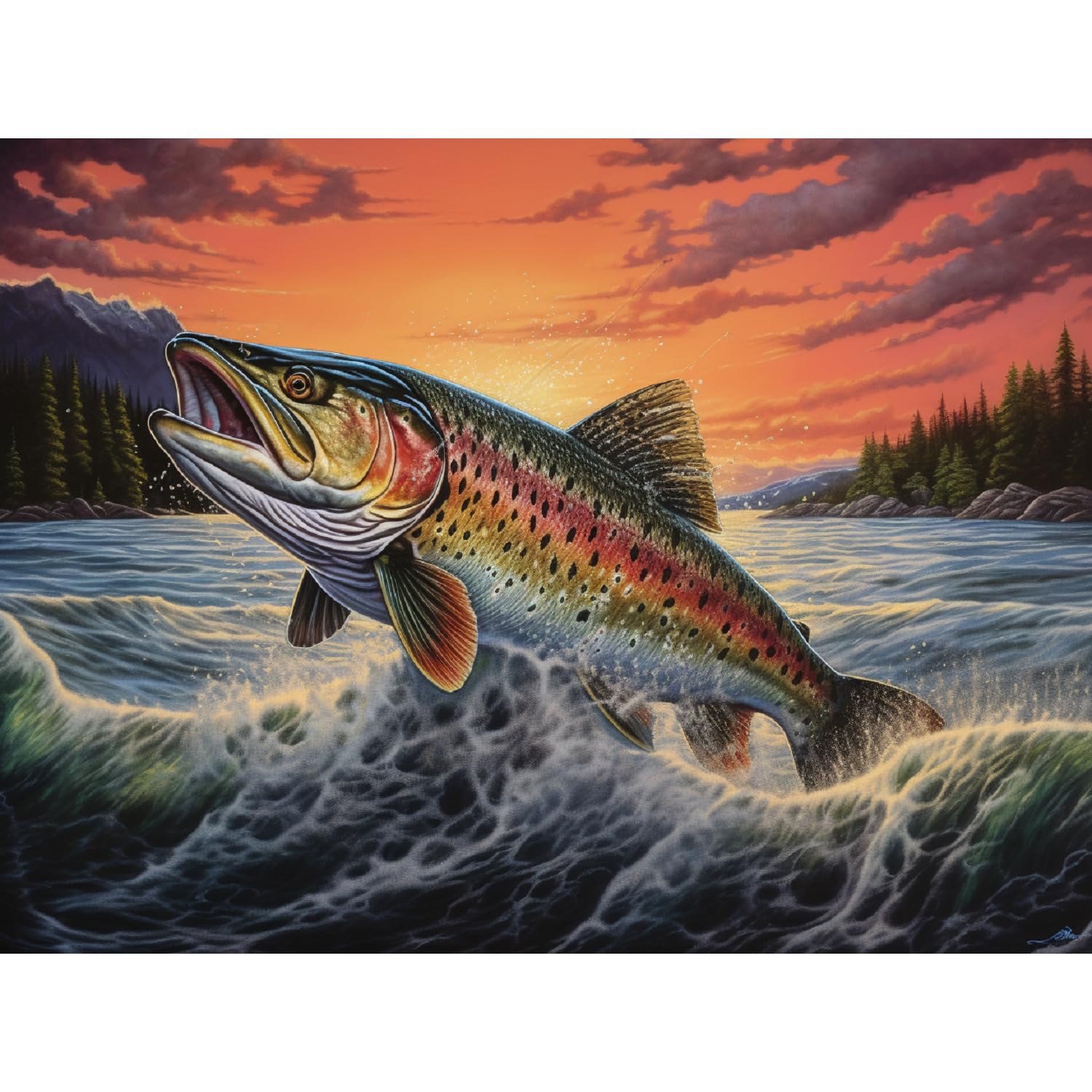 Amazon.com: Trout Fish Jump from Water Sunset DIY 5D Diamond Art ...