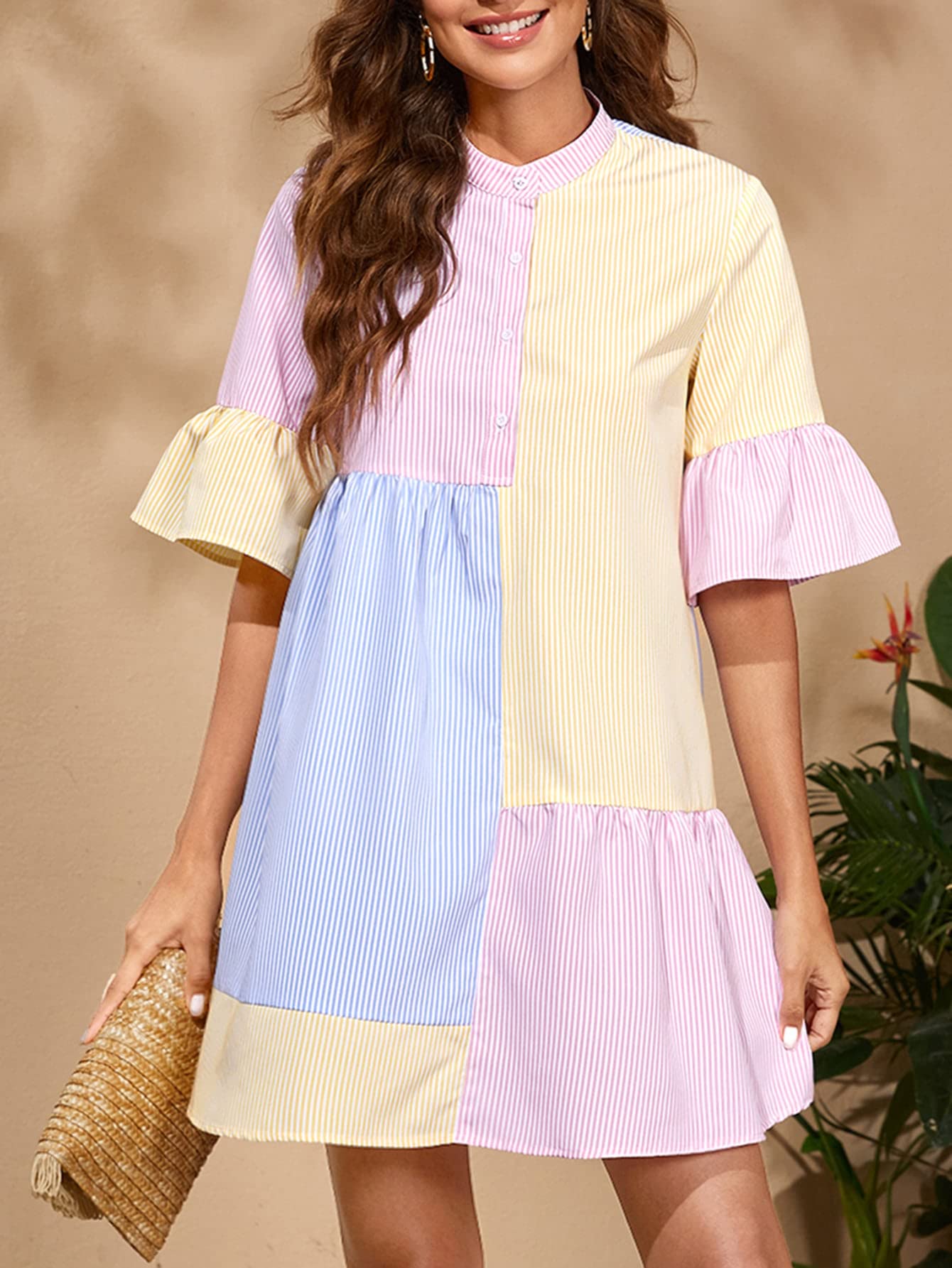 Buy flounce sleeve colorblock smock top 2026 Plus Colorblock Flounce ...