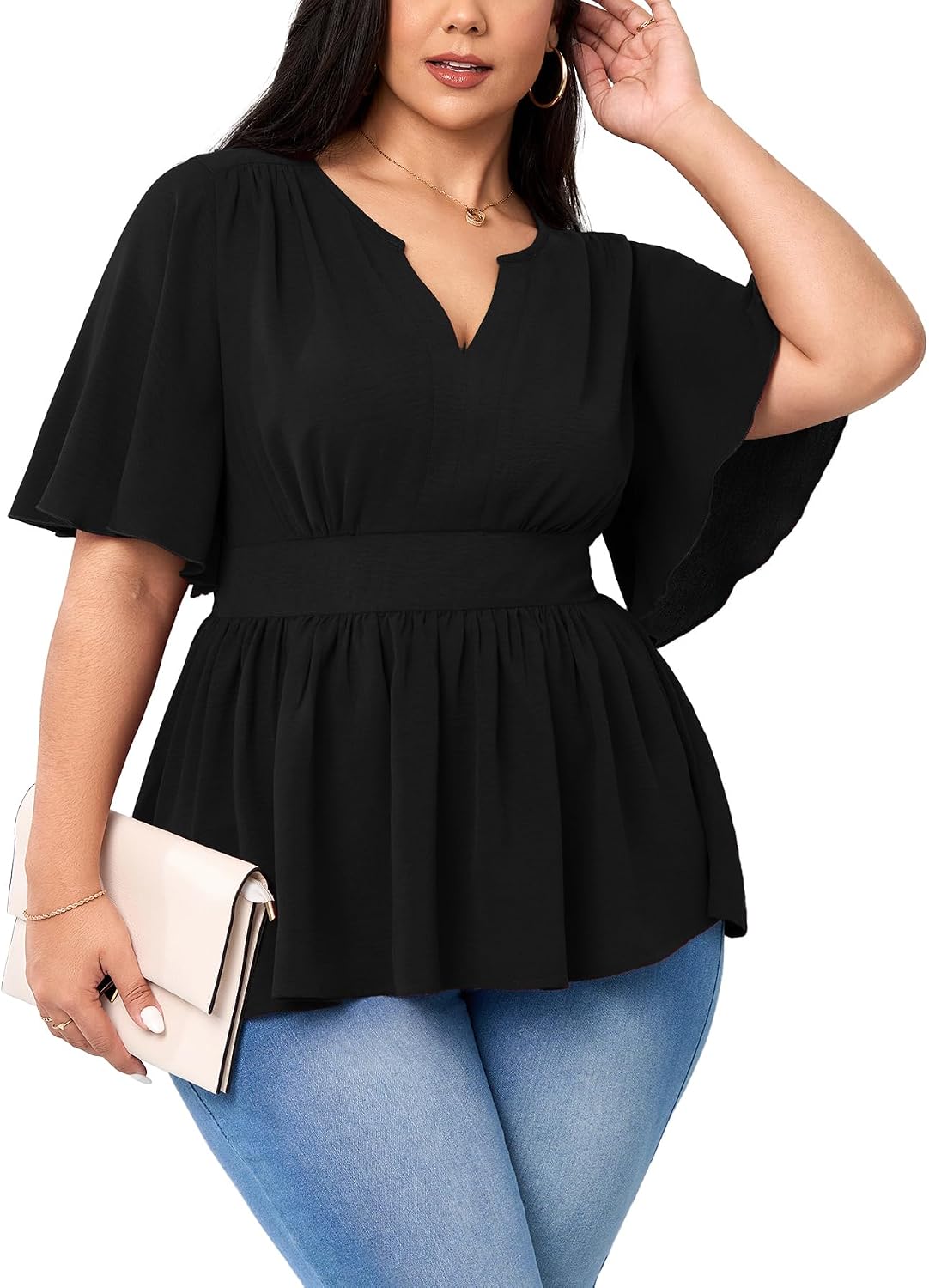 SHESTARR Women's Plus Size Peplum Tops V Neck Short Sleeve Summer Tops ...