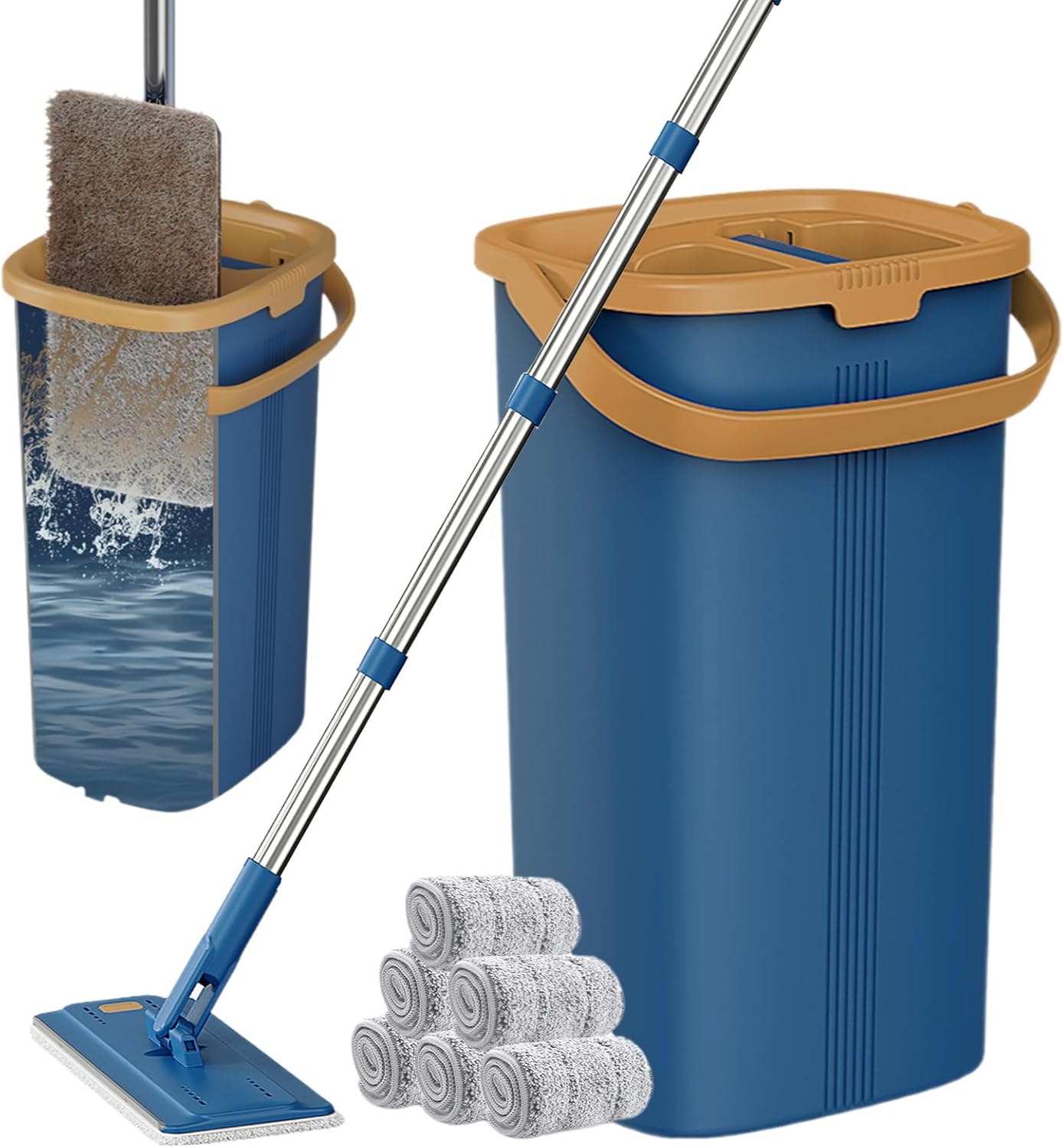Wischmopp Set mit Eimer,Bodenwischer Set mit 6 Mikrofaser Pads und ...