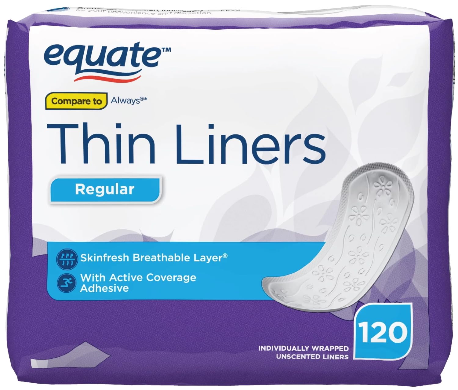 Equate Thin Liners Pantiliners, Regular, 120 Count