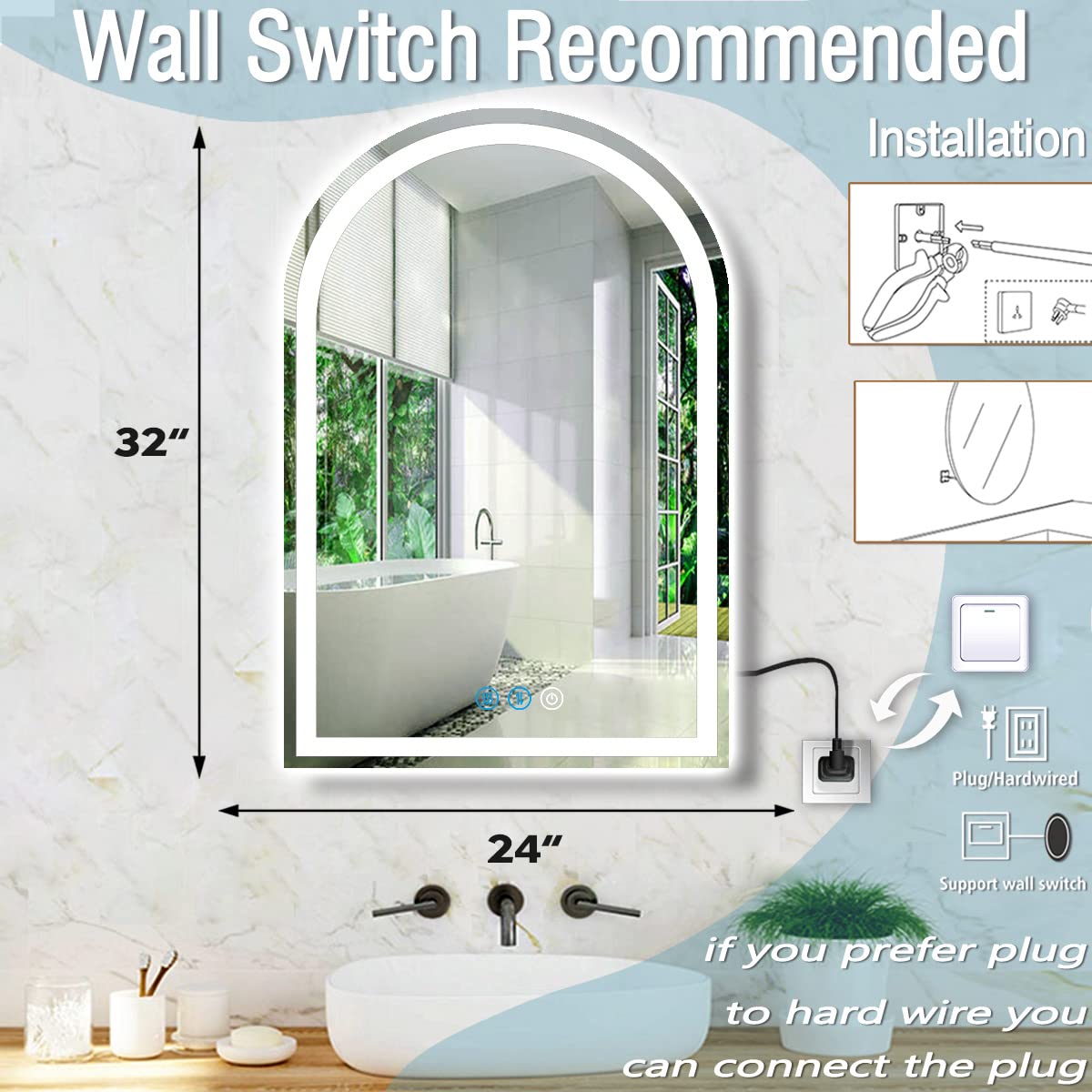 DIDIDADA Arch Bathroom Vanity Mirror with Light 32 x 24 Inch Arched LED ...