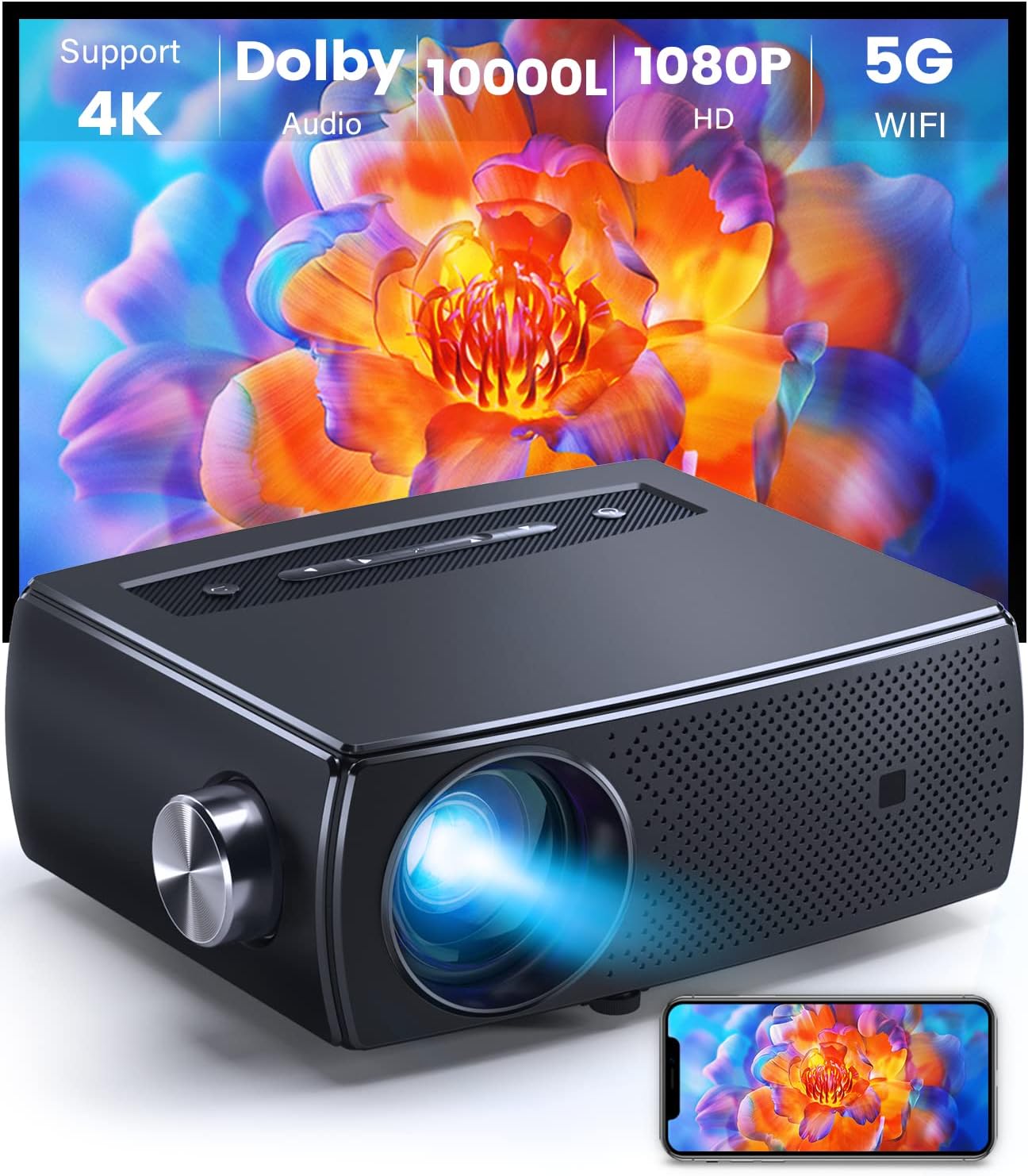 Amazon.com: Projector with 5G WiFi & Bluetooth 4K Support, CLOKOWE ...