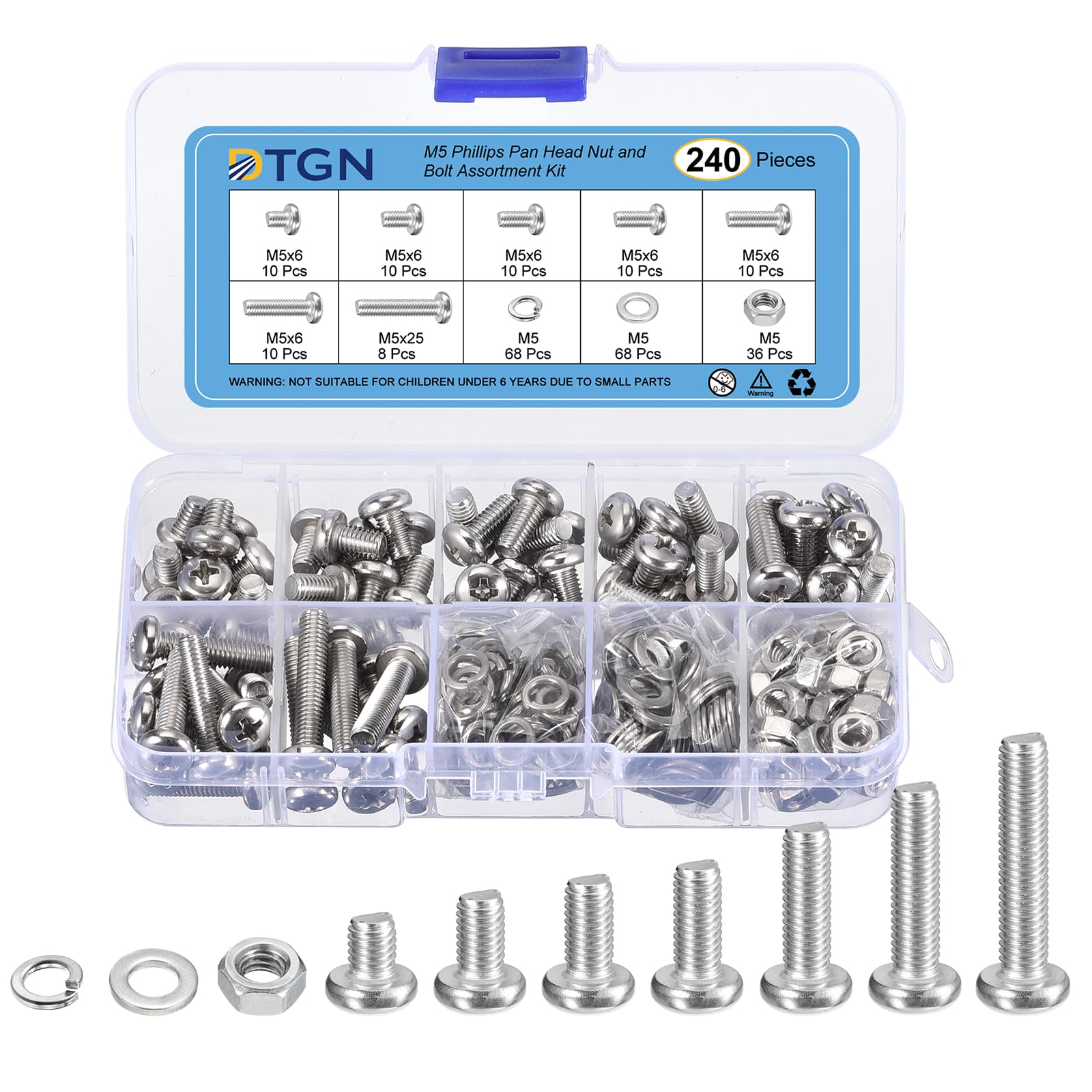 DTGN 240Pcs Nuts and Bolts Assortment Kit, M5 Phillips Pan Head Machine ...