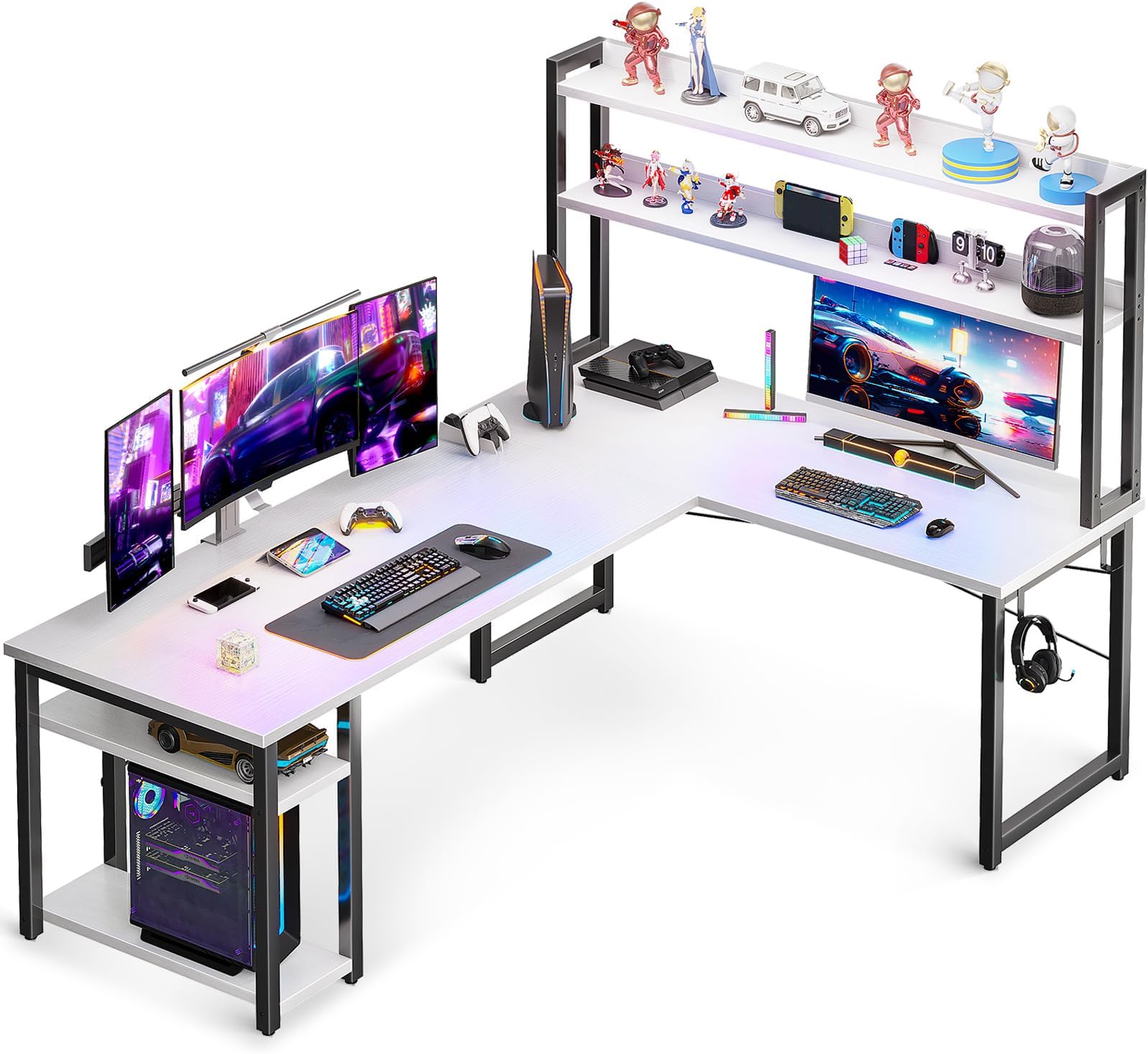 Amazon.com: AODK L Shaped Gaming Desk with Hutch & 2 Power Outlets & 2 ...