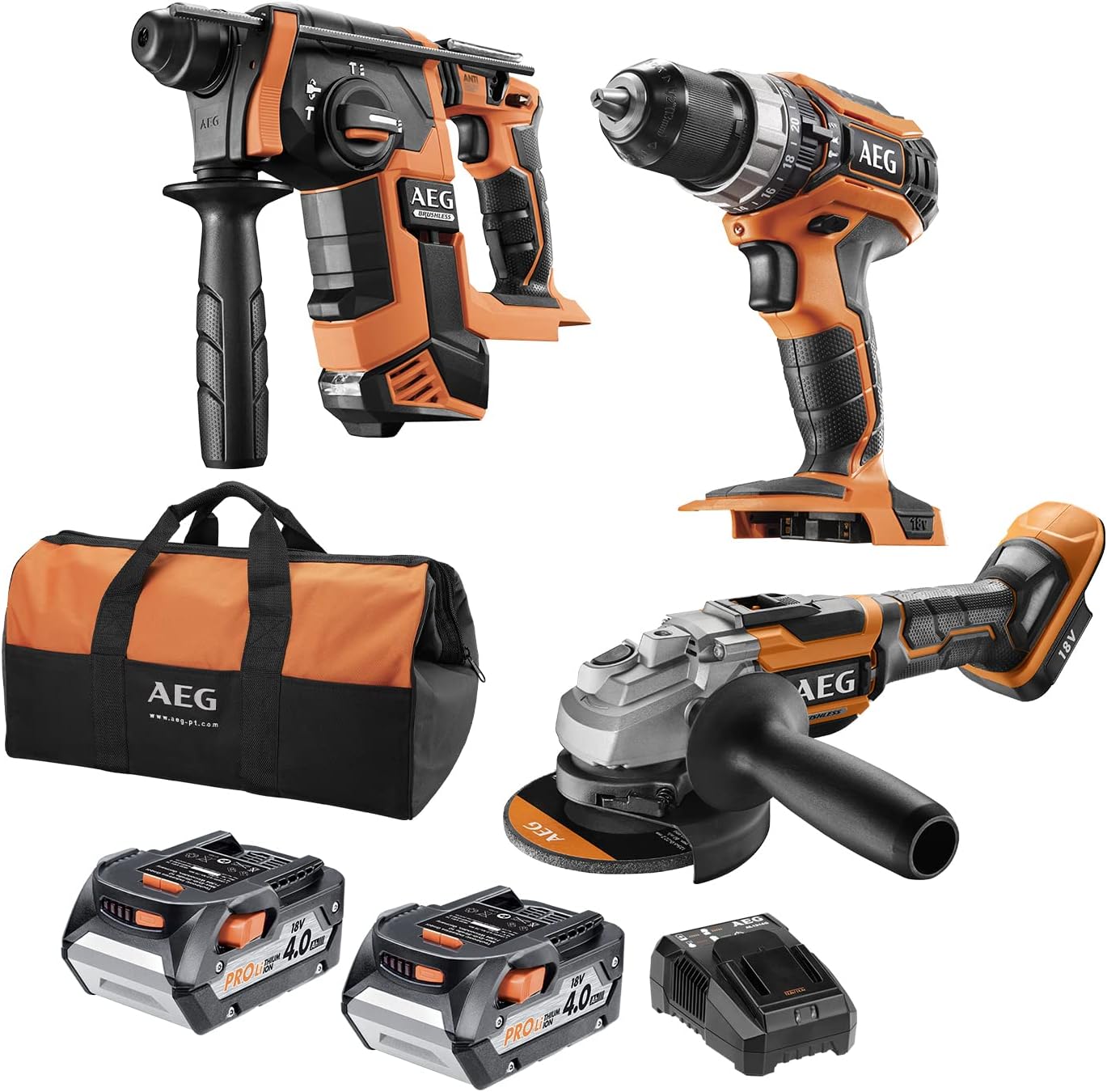 AEG - Pack 3 outils : Perceuse à percussion 18V, Perforateur BL 18V, Meuleuse 125 BL 18V, 2 ...