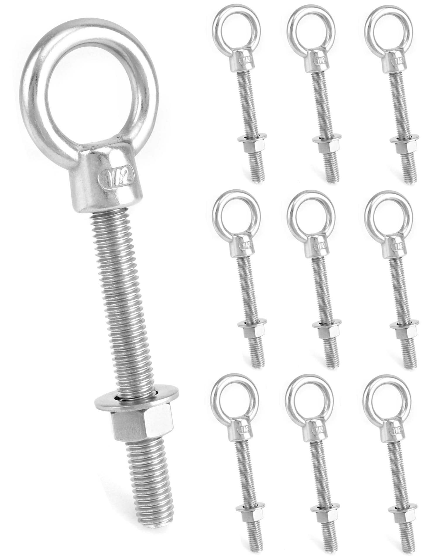 Snapklik.com : Threaded Eyebolts, 10 Pack 1/2"x4" Long Stainless Steel ...