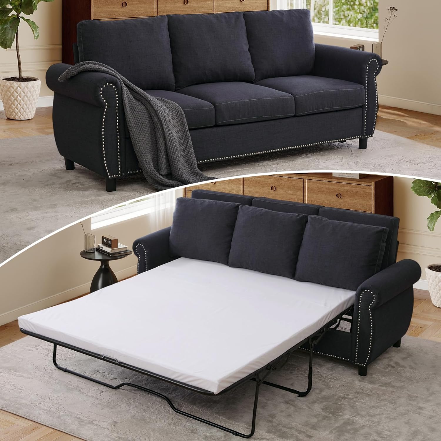 Amazon.com: Queen Size Pull Out Sofa Bed, 3 in 1 Linen Convertible 3 ...