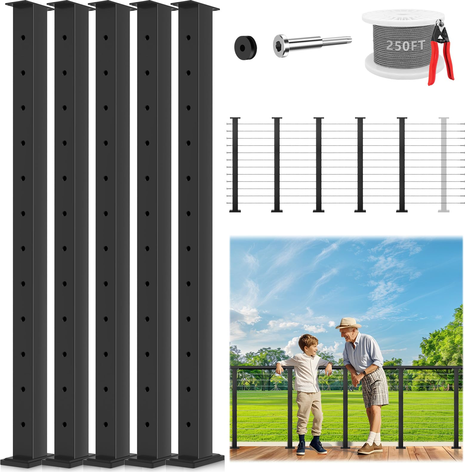 42" One-Stop Cable Railing Post Kits, 5 Pack Fixed Top Level Drilled ...