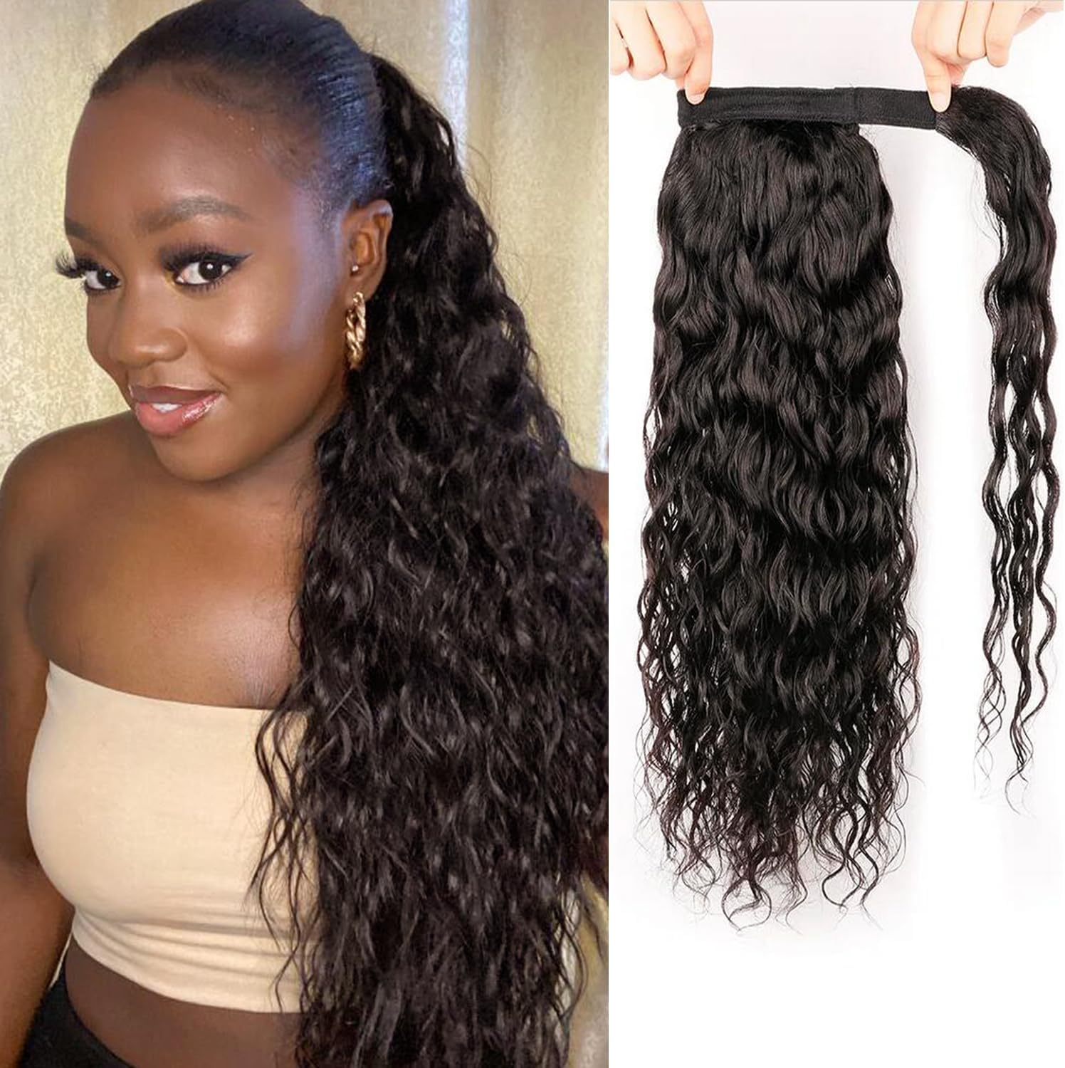 Amazon.com : Seelaak Hair 18 inch Water Wave Ponytail Extensions Human ...