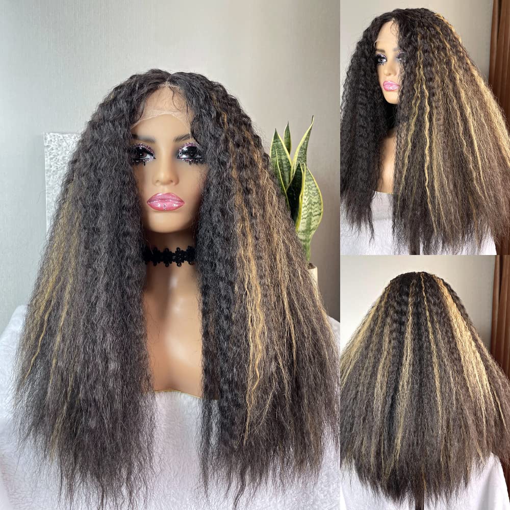 Kinky Straight Lace Front Wig 24 Inch Honey Blonde Highlights Wig F2/27 ...