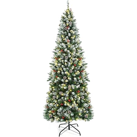 Amazon.com: Goplus 7ft Pre-lit Pencil Christmas Tree, Snow Flocked ...