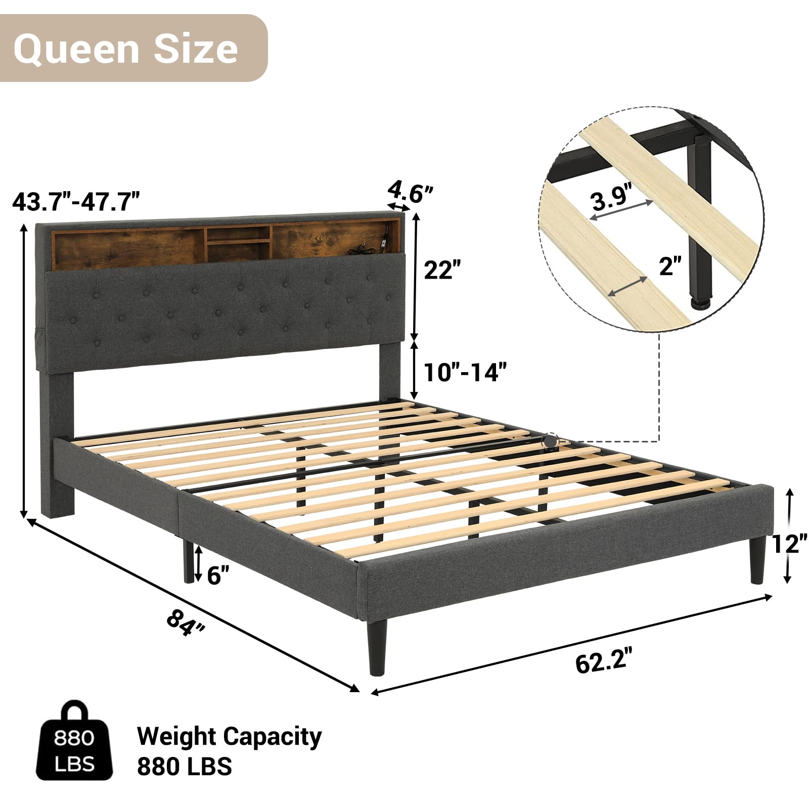 Tiptiper LED Bed Frame Queen Size with Outlets, USB Ports & Headboard Storage, Button Tufted ...