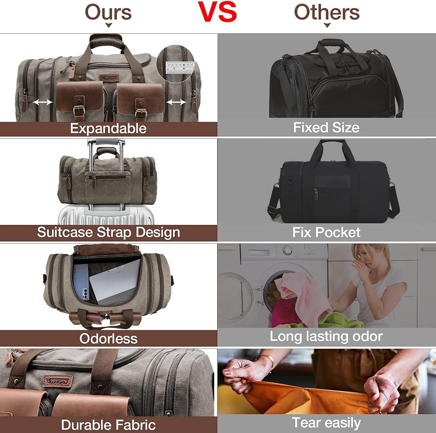 Snapklik.com : 60L Travel Duffel Bag, Expandable Canvas Genuine Leather ...