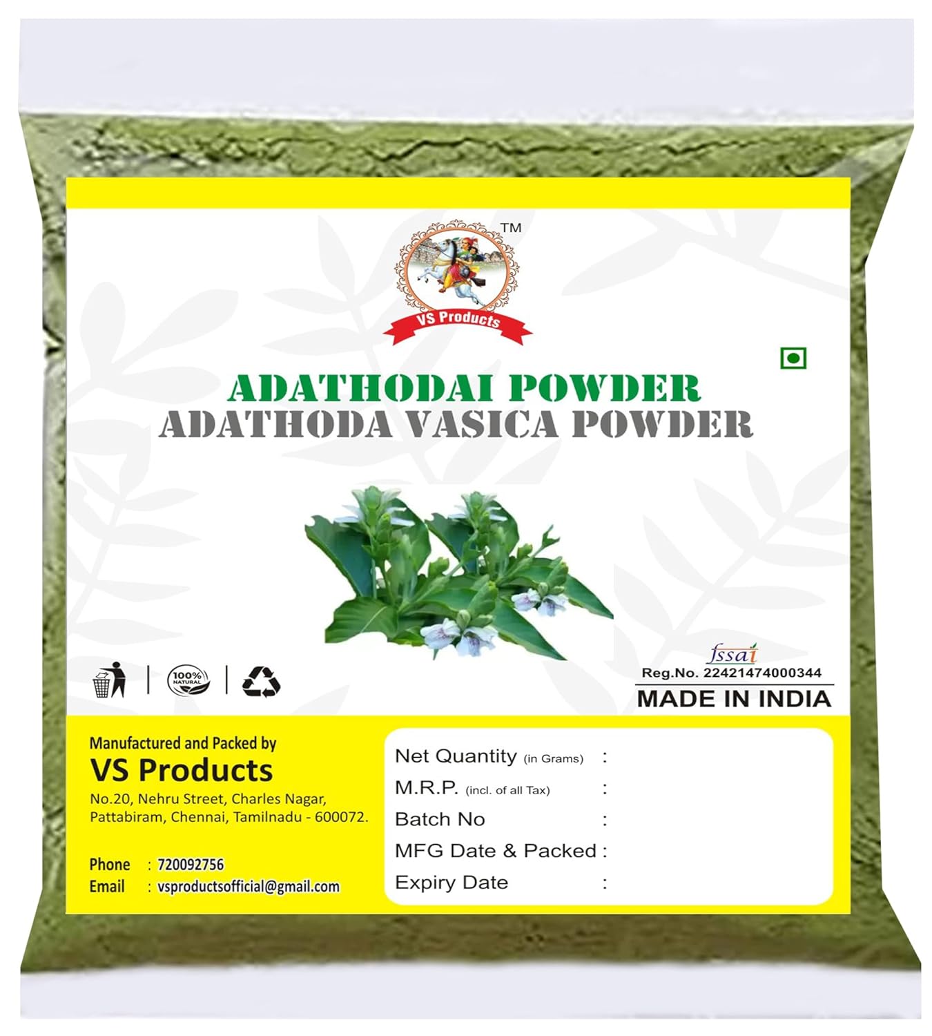 Buy VS Products Adathoda Powder, 350g, Vasaka,Adusa, Adalodakam Leaves ...