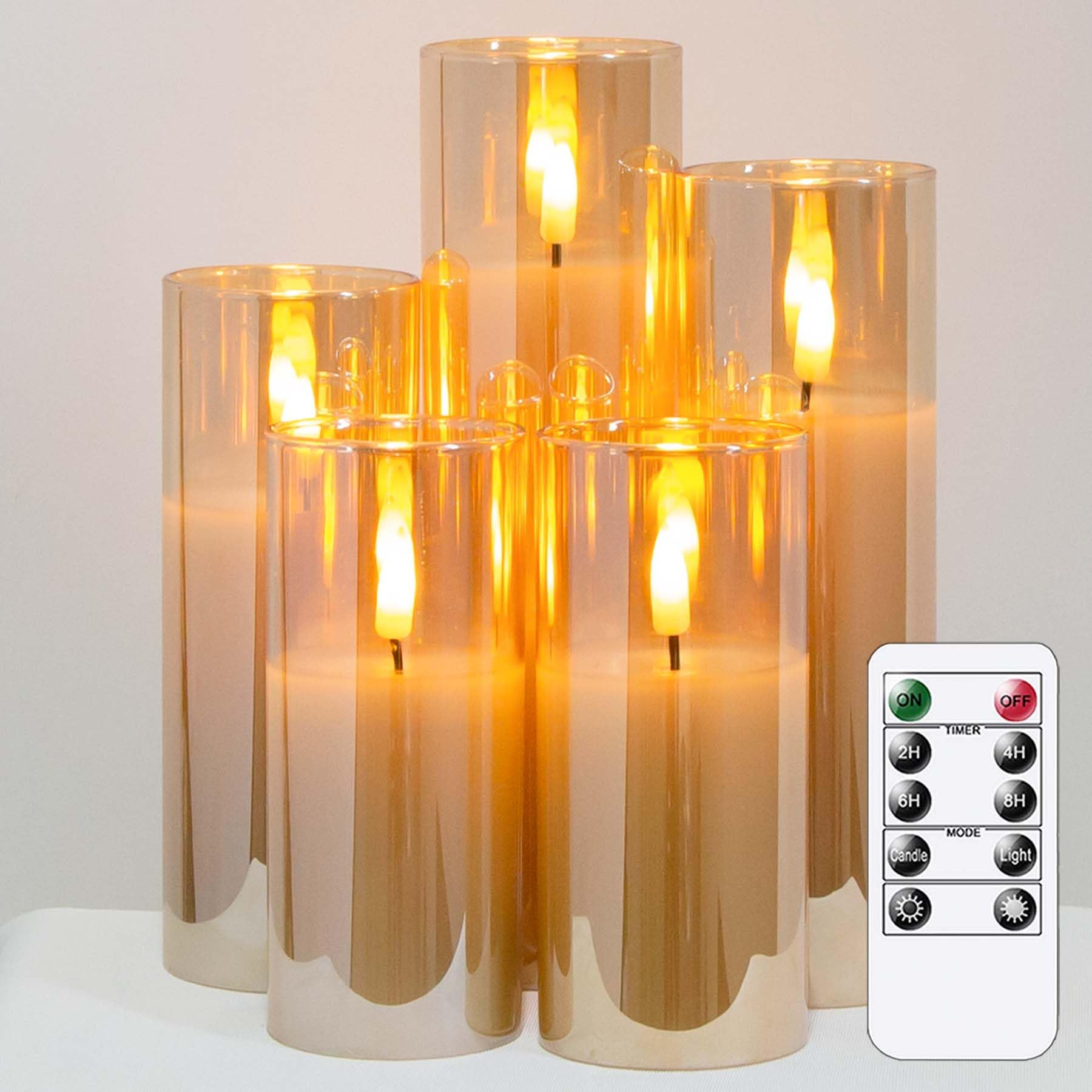 Yeelida Real Glass Gold LED Flameless Pillar Candles,2.2"x5",5",6",7",8 ...