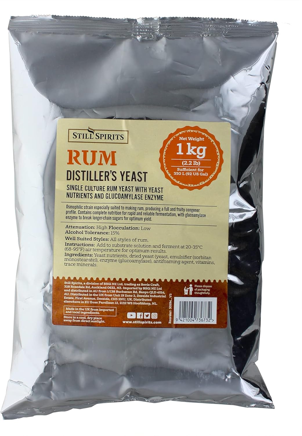 Amazon.com: STILL SPIRITS RUM DISTILLER'S YEAST 1 Kilogram Makes 92 ...