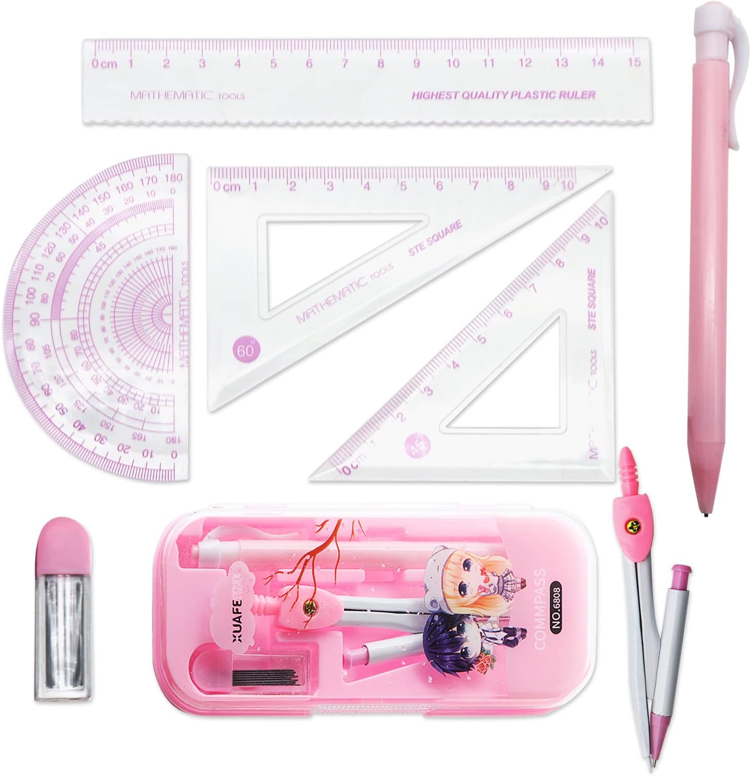 Maths Set, 7 PCS Protractor and Compass Math Set Pink Geometry Sets for ...
