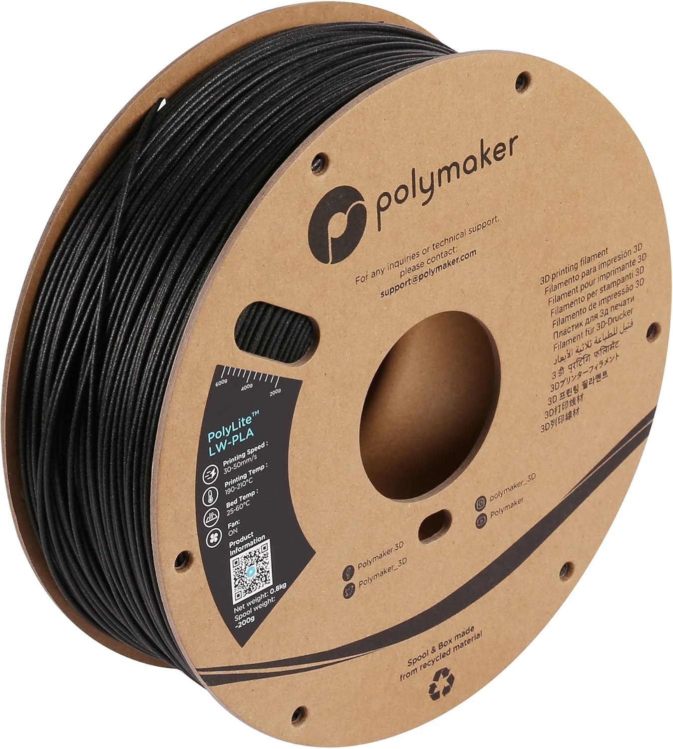 Polymaker LW PLA Filament 1.75mm Black, Pre-Foamed PLA 800g Low Density ...