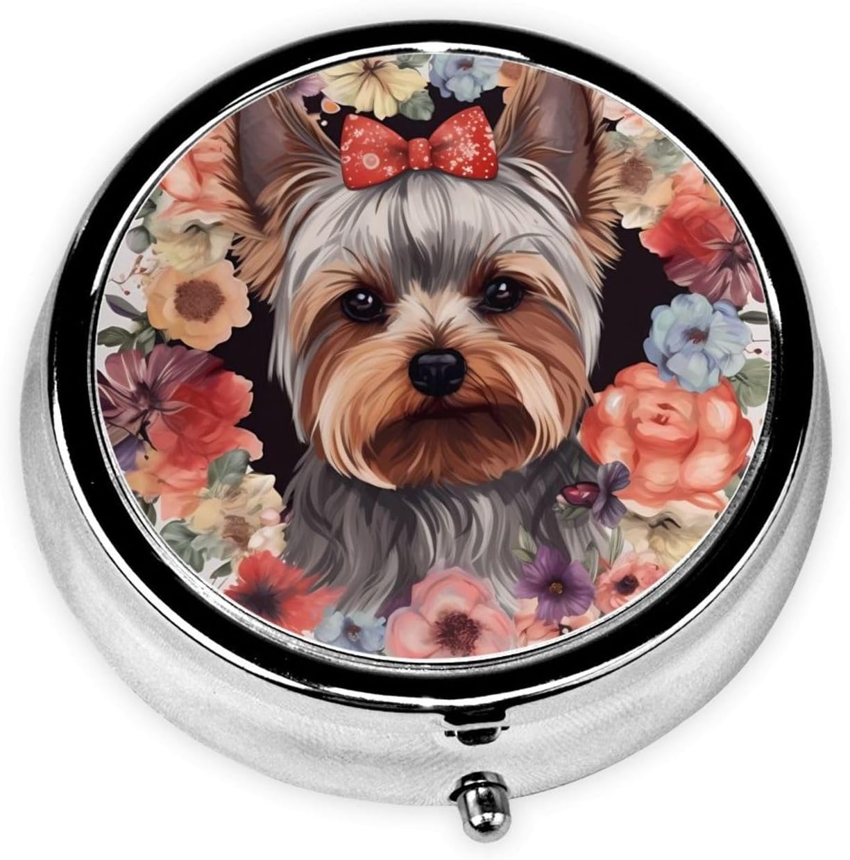 Amazon.com: Yorkie Floral Pill Box Metal Round Small Pill Case Cute 3 ...