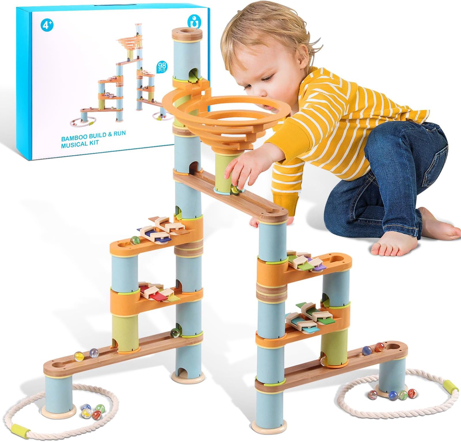 Amazon.com: Roba Wooden Marble Run Set - 100 Pieces, 20 Glass Marbles ...