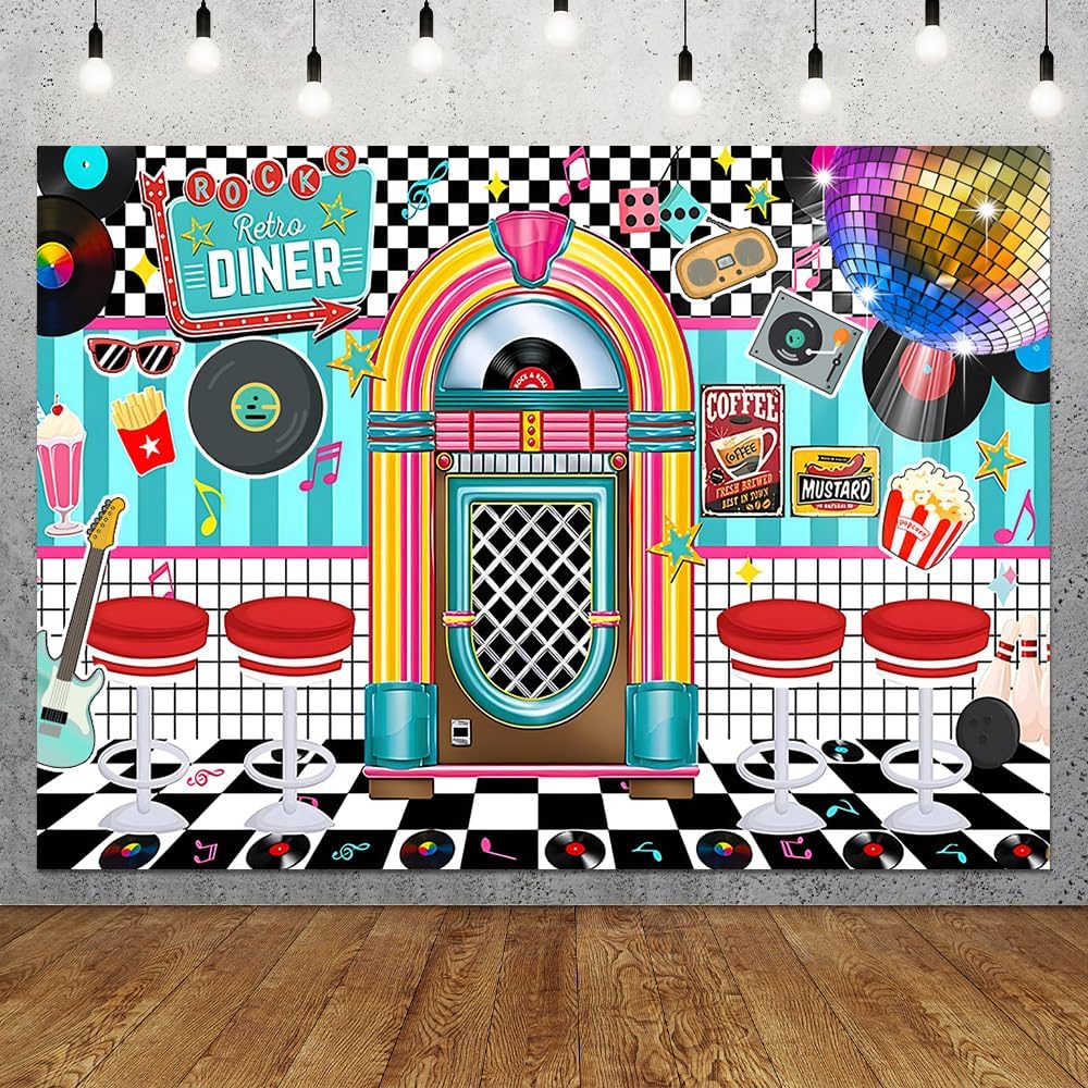 Amazon.com : DOTOOMA 7X5FT Retro Diner 50s Party Backdrop - Rock and ...