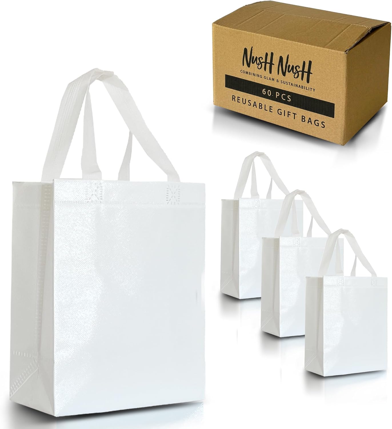 Amazon.com: Nush Nush Set of 60 White Gift Bags in Bulk, Reusable With ...