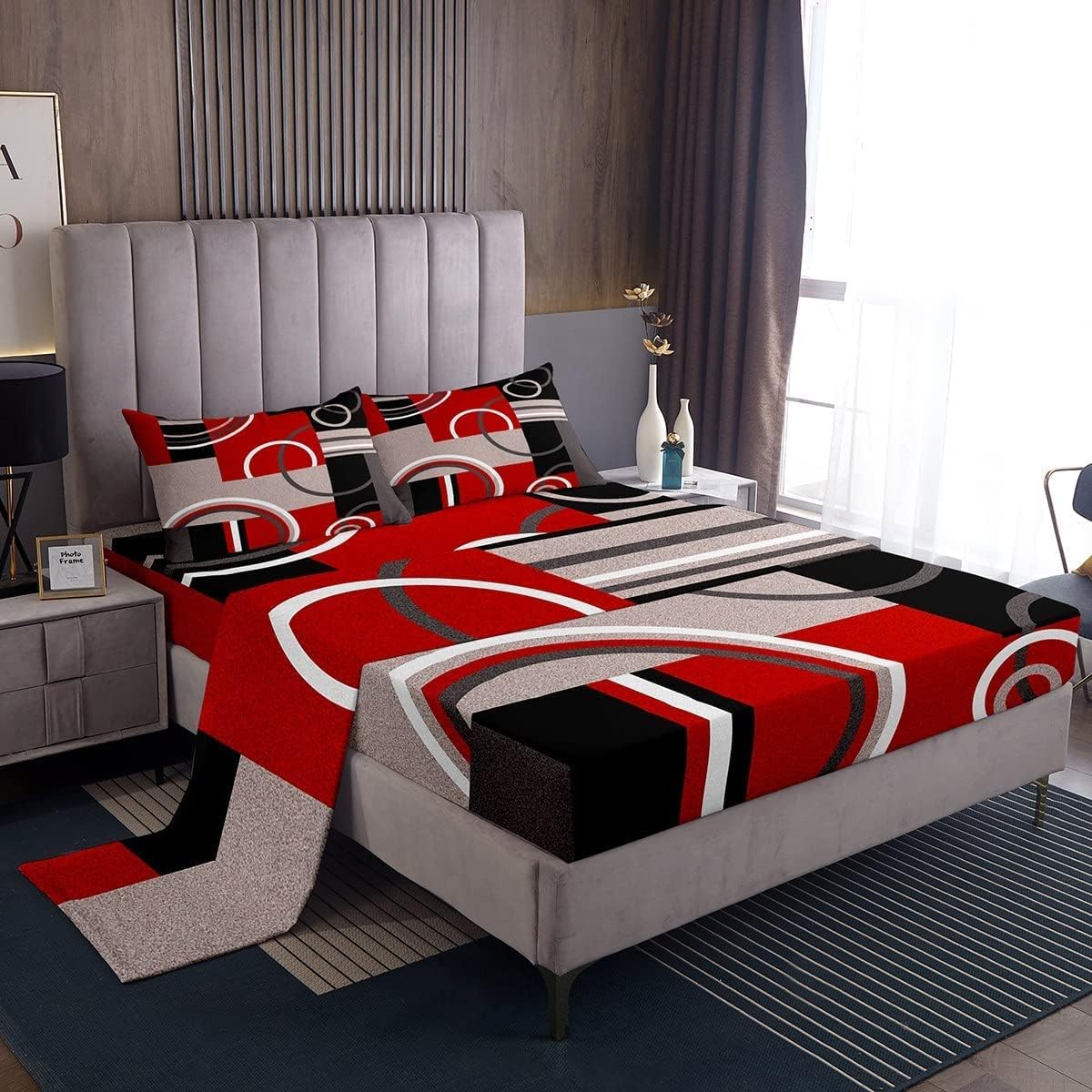 Amazon.com: Erosebridal Modern Red Grey Black Stripes Sheet Set ...