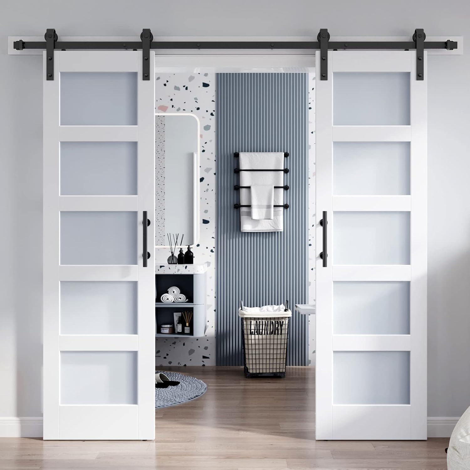 ROYMELO Double 24×84 Inch Glass Barn Door Slab and 8ft Hardware Kit ...