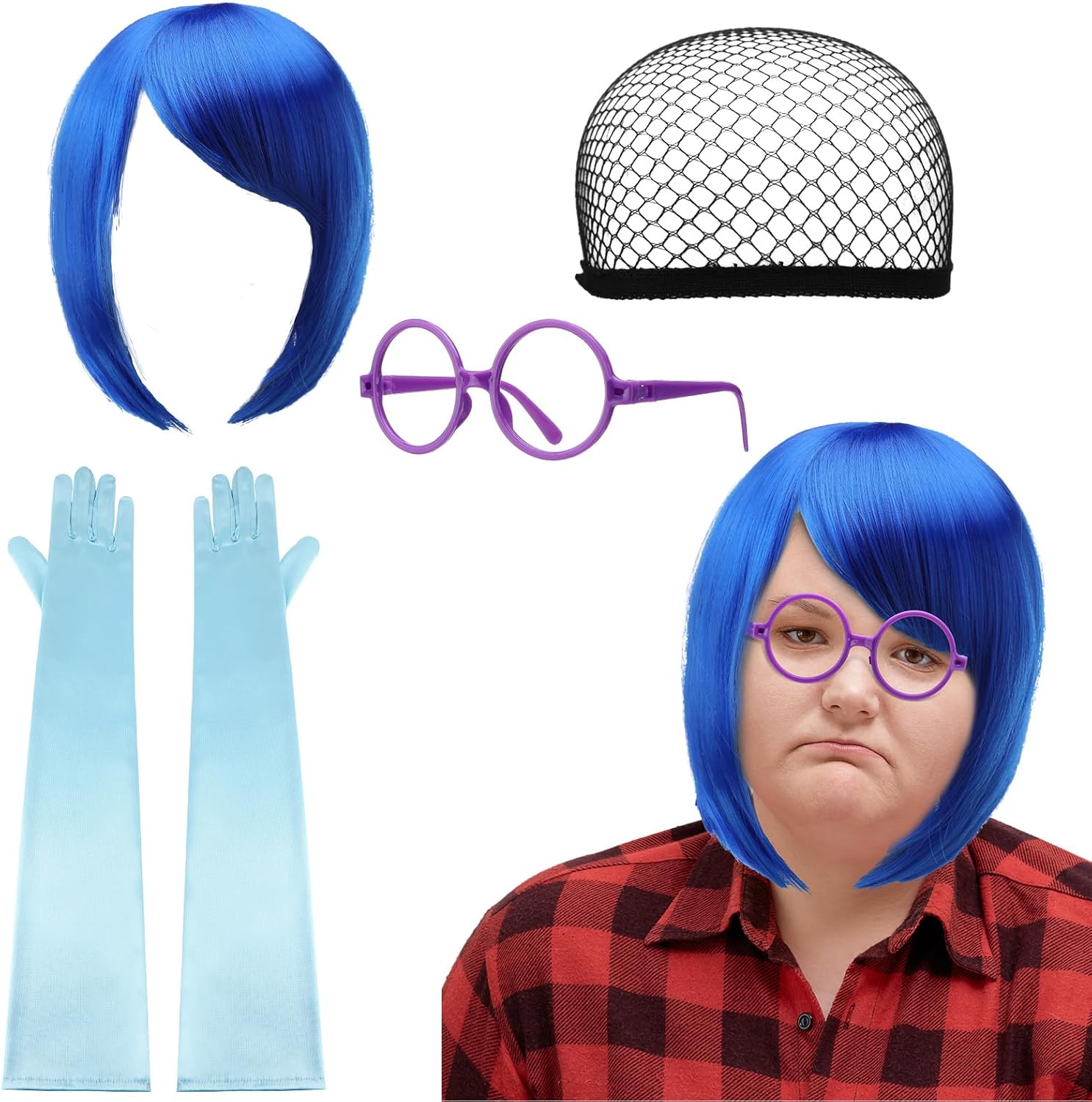 Amazon.com: Yaomiao 5 Pcs Halloween Blue Bob Wig and Glasses Costume ...