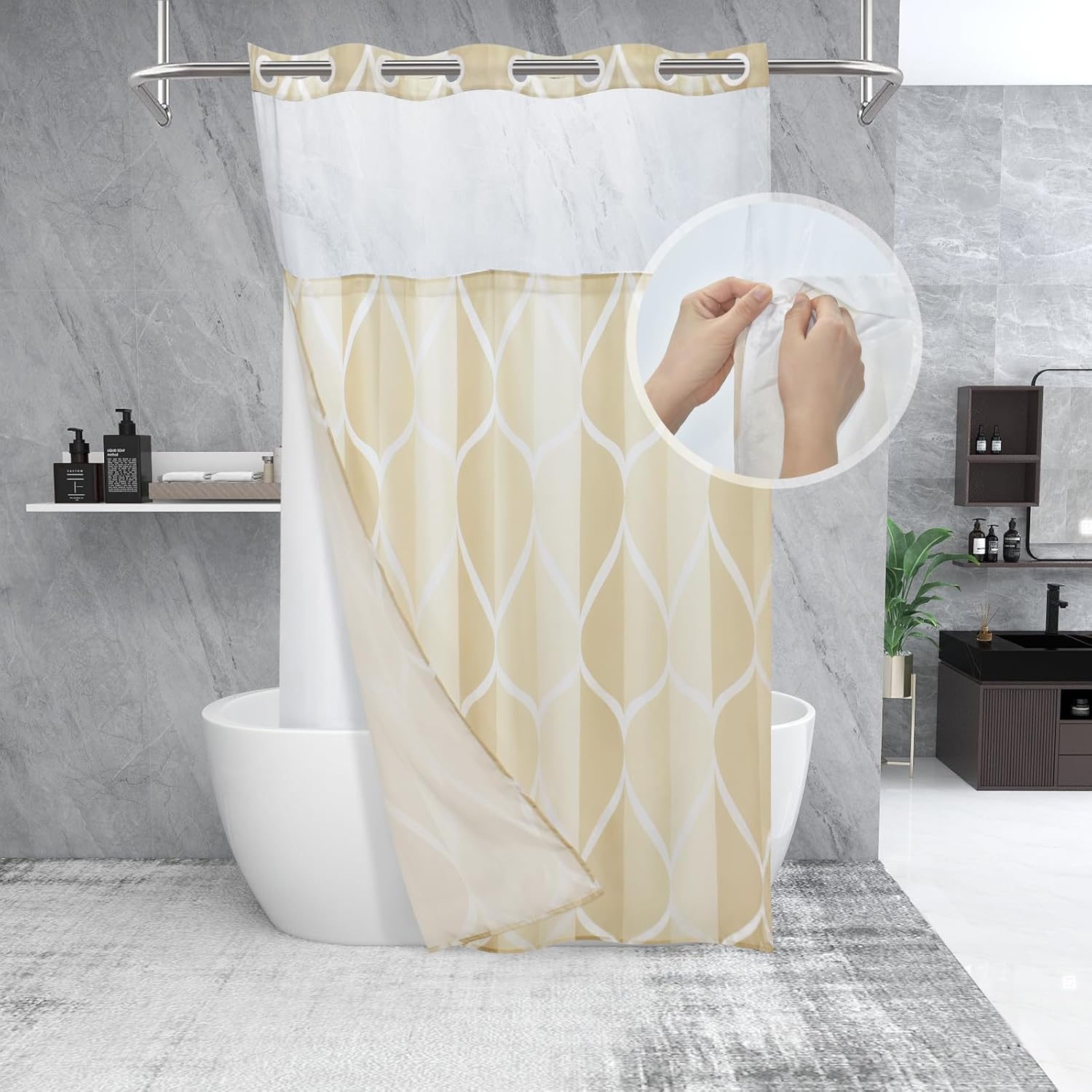 Amazon.com: Yiatn No Hook Ivory Stall Size Shower Curtain with Snap in ...