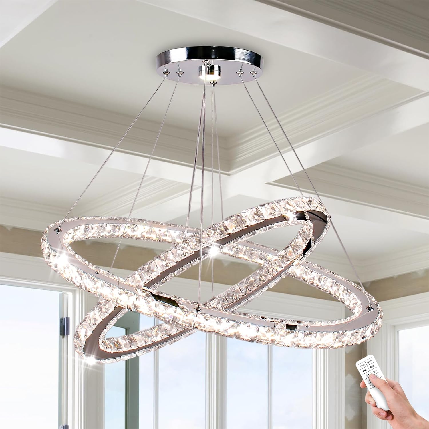 Dimmable Crystal Chandelier, 23.6'' Modern 2 Rings Chandeliers with ...